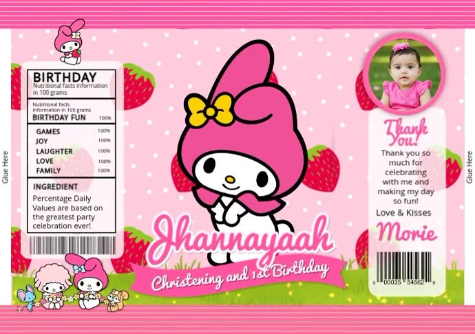 Pink Joyful My Melody Baptism Chip Bag A4 Template | PosterMyWall