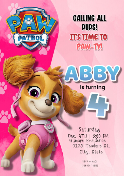 Pink Joyful Paw Patrol Birthday A4 Template | PosterMyWall