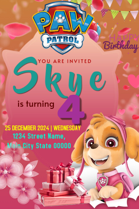 Pink Joyful Paw Patrol Birthday Poster Template | PosterMyWall