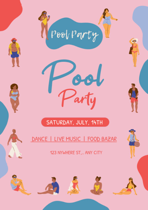 Pink Joyful Pool Party A4 เทมเพลต | PosterMyWall