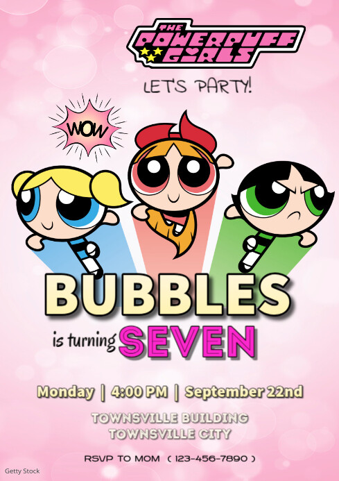 Pink Joyful Powerpuff-girls-birthday-party-invitation-design- A4 ...