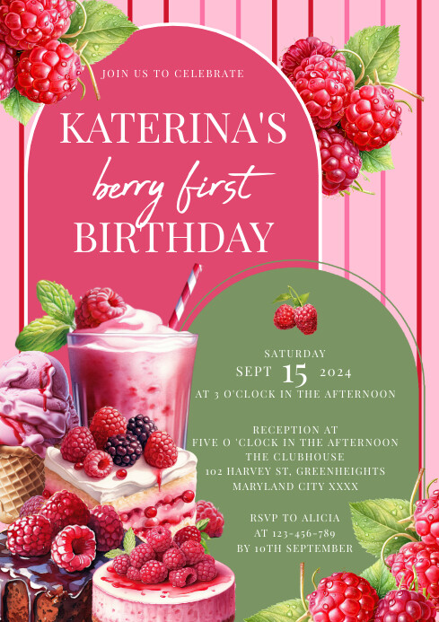 Pink Joyful Raspberry Birthday Invitation A4 Template | PosterMyWall