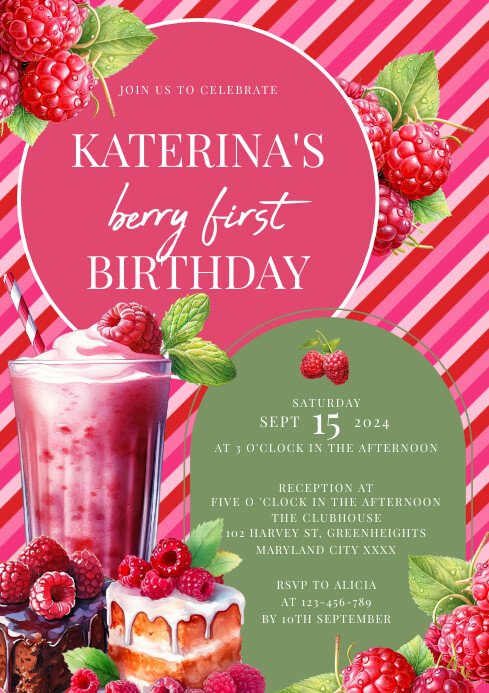 Pink Joyful Raspberry Birthday Invitation A4 Template | PosterMyWall