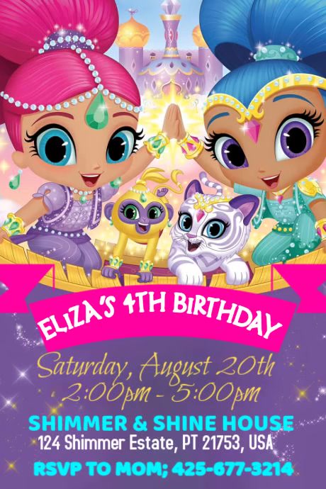 Pink Joyful Shimmer And Shine Birthday Party Invitation Poster Template ...