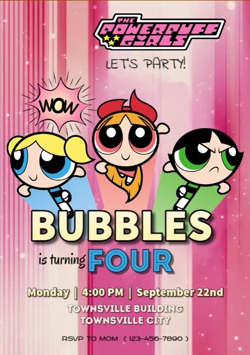 Plantilla de Pink Joyful The-powerpuff-girls-birthday-invitation-video ...