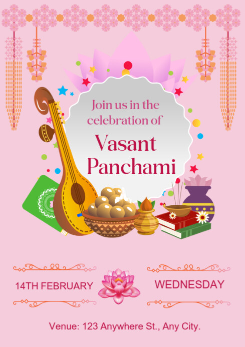 Pink Joyful Vasant Panchami Invitation A4 Template | PosterMyWall