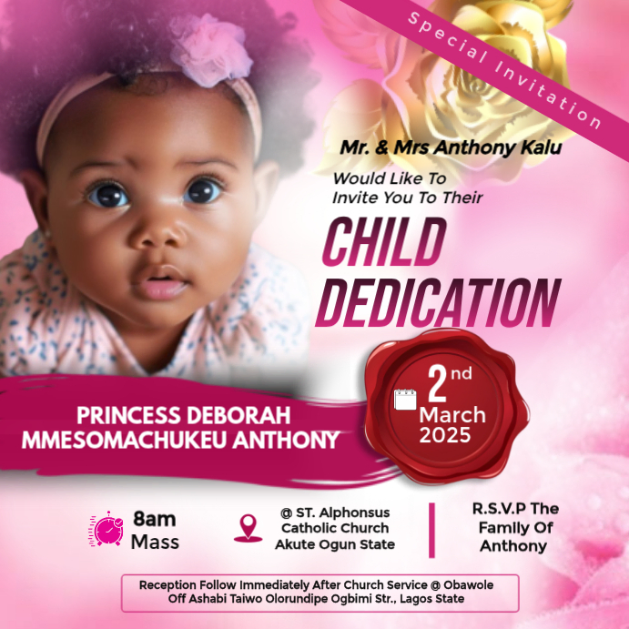 Copy of Pink Luxury Child Dedication Invitation Flyer | Baby Girl ...