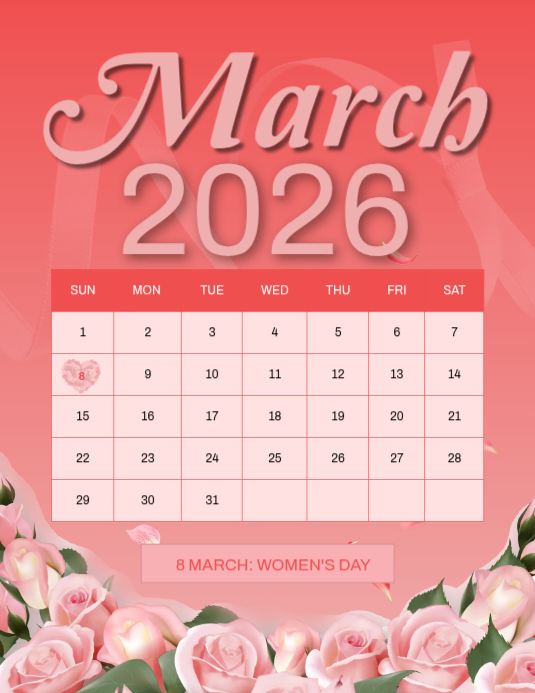Pink March 2026 Calendar Flyer (us Letter) Template | PosterMyWall