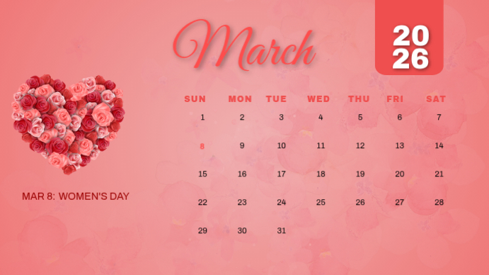 Pink March Calendar 2026 Digital Display (16:9) Template | PosterMyWall