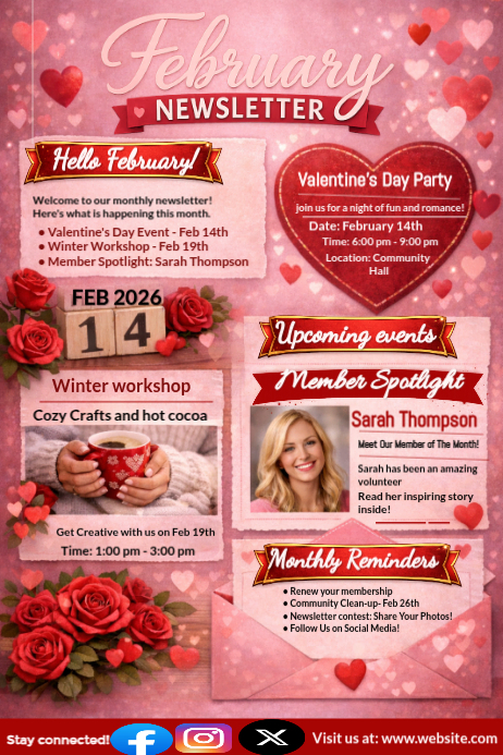 Pink Maximalist Elegant February Newsletter Flyer Poster Template ...