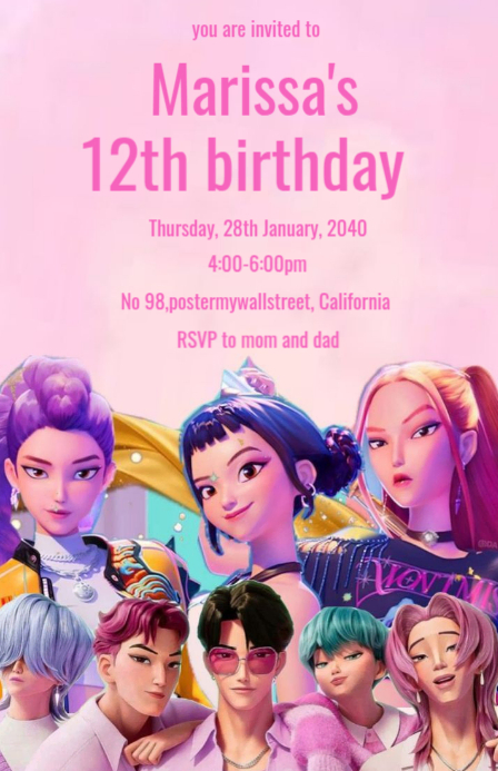 Plantilla de Pink Maximalist Kpop Demon Hunters Birthday Invitation ...