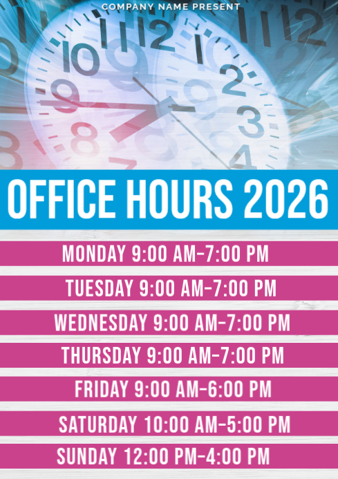 Plantilla de Pink Maximalist Office Hours 2026 A4 | PosterMyWall