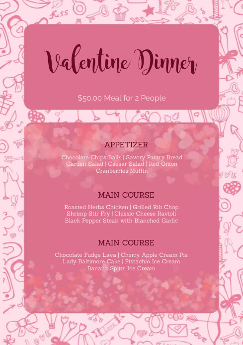 pink minimalist Valentine's Day Dinner Menu Template | PosterMyWall