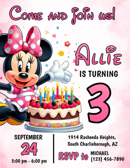 Pink Minnie Mouse Birthday Invitation Template | PosterMyWall