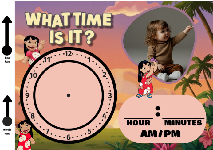 Pink Modern & Minimal Island Girl Clock Learning Poster A4 Template ...