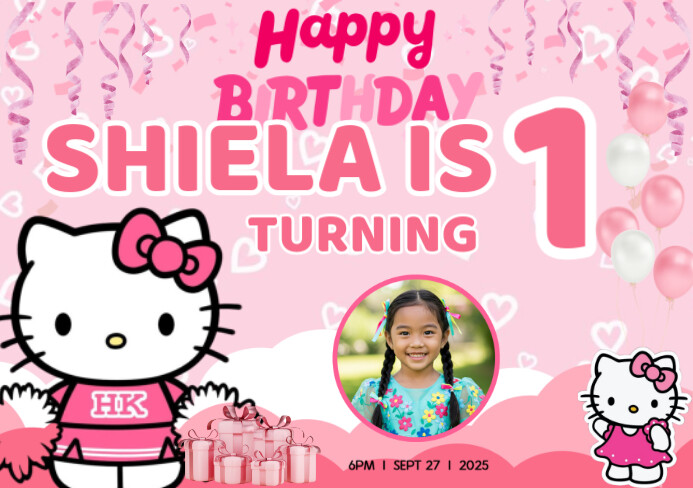 Pink Modern & Minimal Pink Hello Kitty 1st Birthday Invitation A5 ...