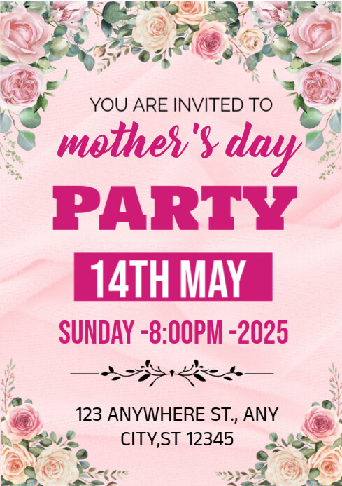 Pink Mother's Day Party A4 Template | PosterMyWall