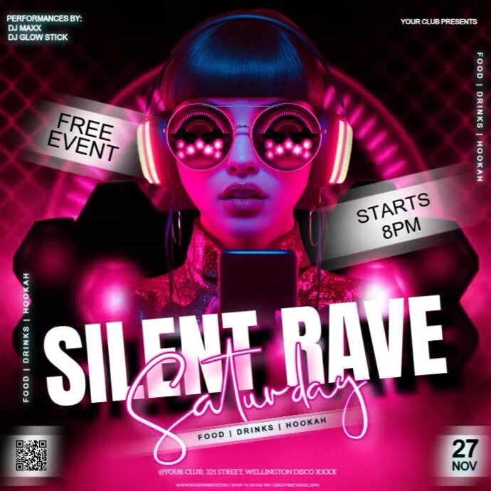 Copy of pink neon glow silent rave party event template design ...