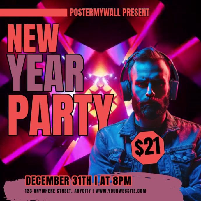 Pink Neon New Year Party Pos Instagram Template | PosterMyWall