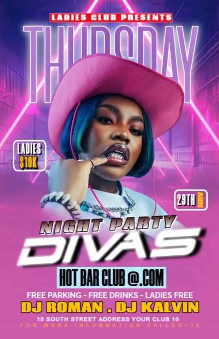 Pink Neon Thursday Divas Night Party Flyer Tabloid Template | PosterMyWall