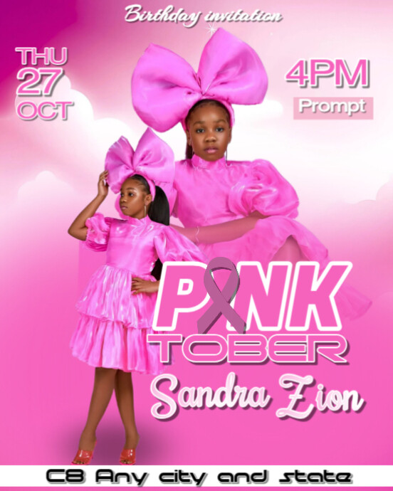 Pink October birthday Party Template for kids Instagram Portrait ...