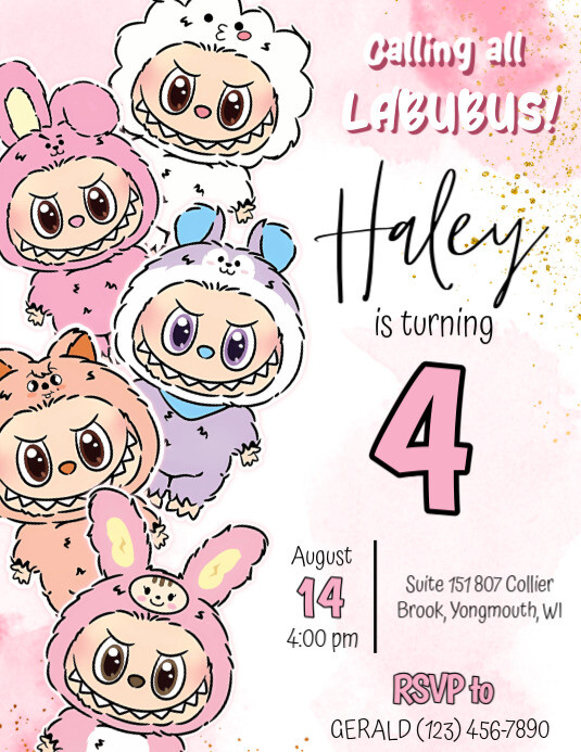 Pink Pastel Labubu Birthday Invitation Template | PosterMyWall