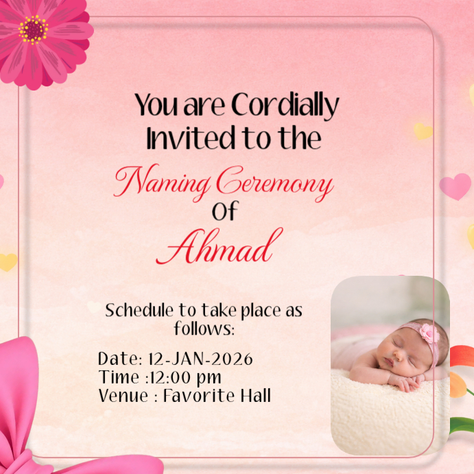 Pink Pastel Naming Ceremony Invitation Instagram Post Template ...