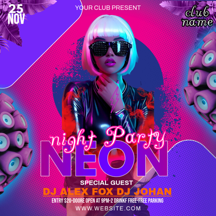 Pink Pastel Neon Night Party Instagram Post Template | PosterMyWall