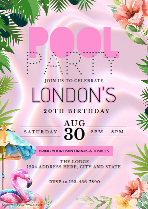 Modèle Pink Pool Party Tropical Theme Invitation | PosterMyWall