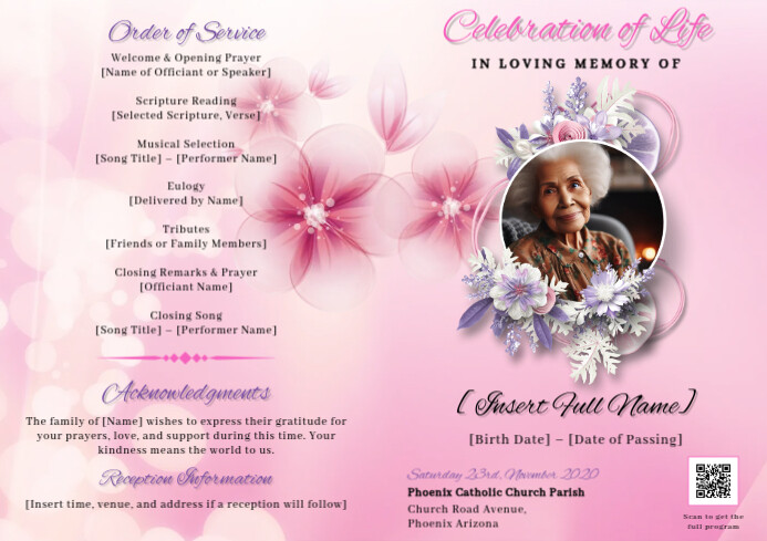 Pink Professional Heartfelt Funeral Program T Template | PosterMyWall
