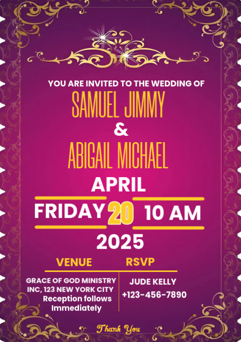 Pink Professional Purple wedding Invitation A5 template | PosterMyWall