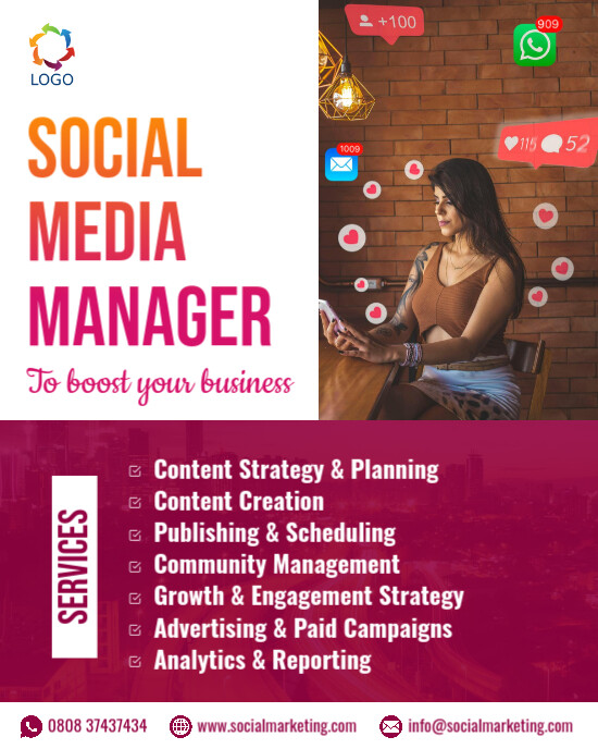 Plantilla de Pink Professional Social Media Manager Poster Design ...