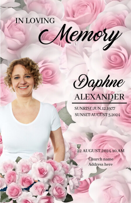 pink rose Funeral Program Template Half Page Wide | PosterMyWall