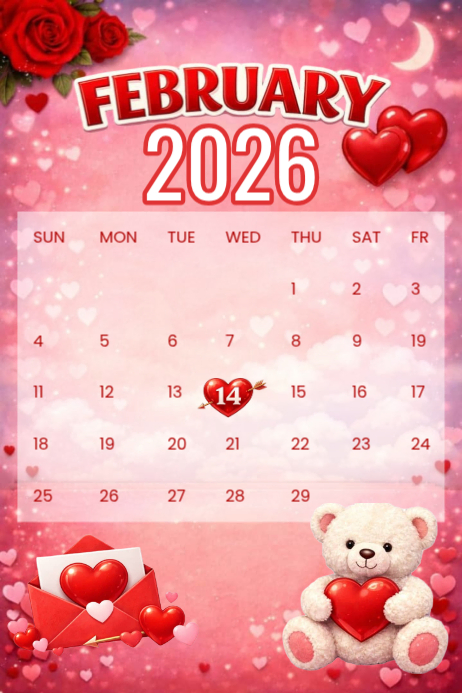 Pink Typographic February 2026 Calendar Template | Printable Monthly ...