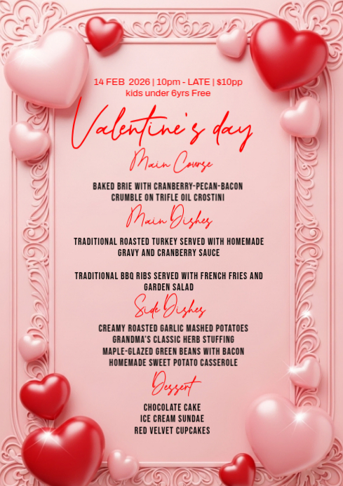 Pink Valentine's Day Dinner Menu A4 Template | PosterMyWall
