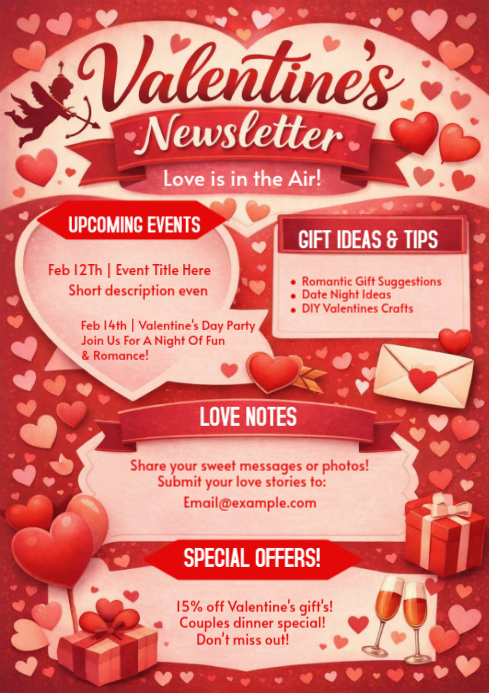 Pink Valentine's Day Newsletter A4 Template | PosterMyWall