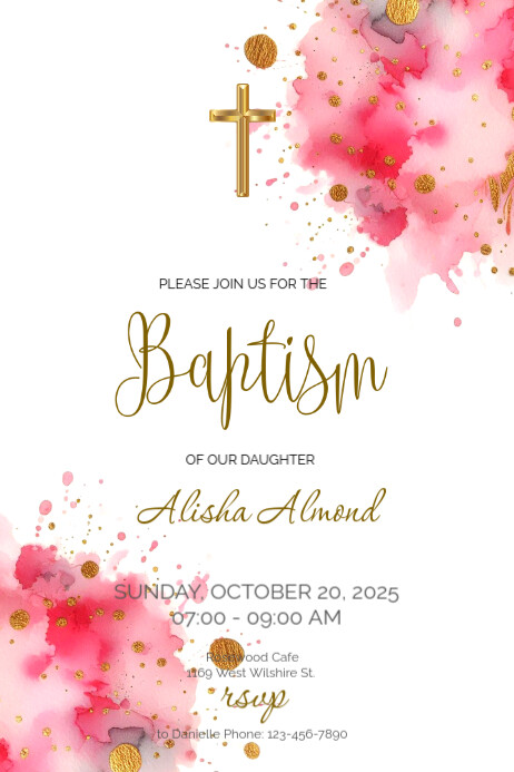 Pink Watercolor Baptism Invitation 4' × 6' Template | PosterMyWall