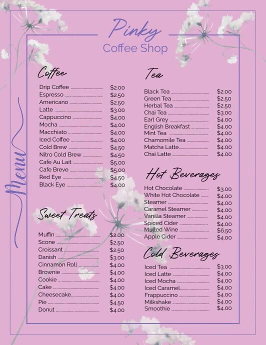 Pinky Floral Coffee Shop Menu Template | PosterMyWall