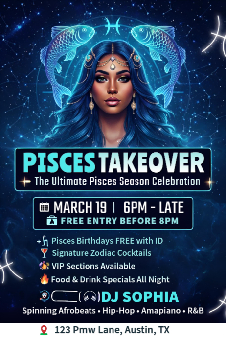 Pisces Takeover Cosmic Zodiac Party Flyer Template | PosterMyWall