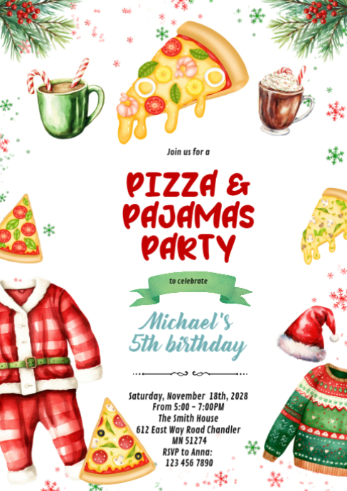 Plantilla de Pizza and Pajamas Christmas Invitation | PosterMyWall