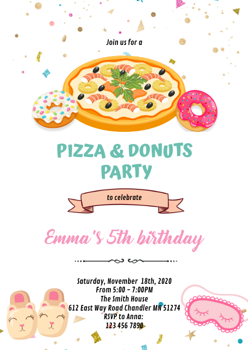 Pizza donuts girl slumber invitation Template | PosterMyWall
