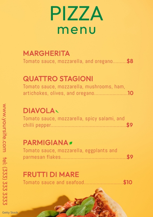 Pizza menu table a4 card 2 simple clean Template | PosterMyWall
