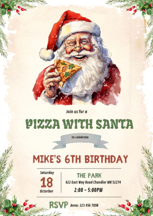 Pizza with Santa party invitation Template | PosterMyWall