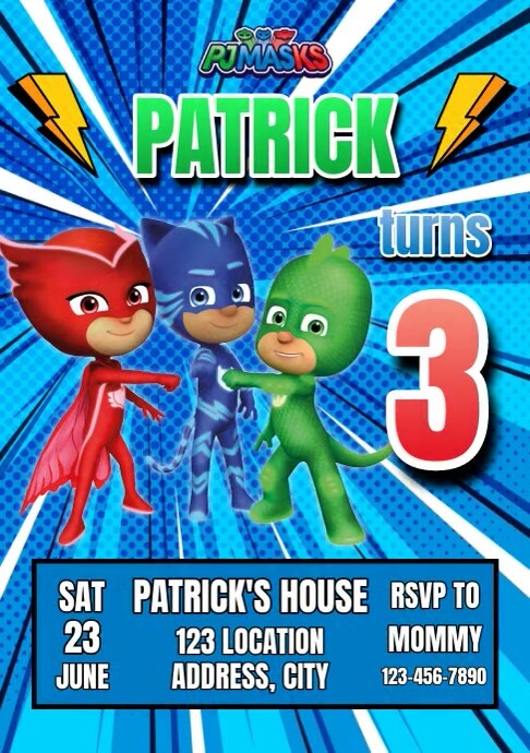 PJ Masks Blue Birthday Invitation Joyful A4 Template | PosterMyWall
