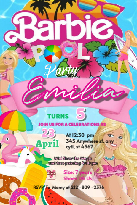 Barbie | Pool Party Barbie Invitation Brithday Pink Temple Celebration ...