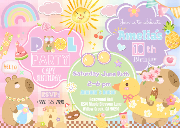 Pool Party Capybara Birthday Invitation Template | PosterMyWall
