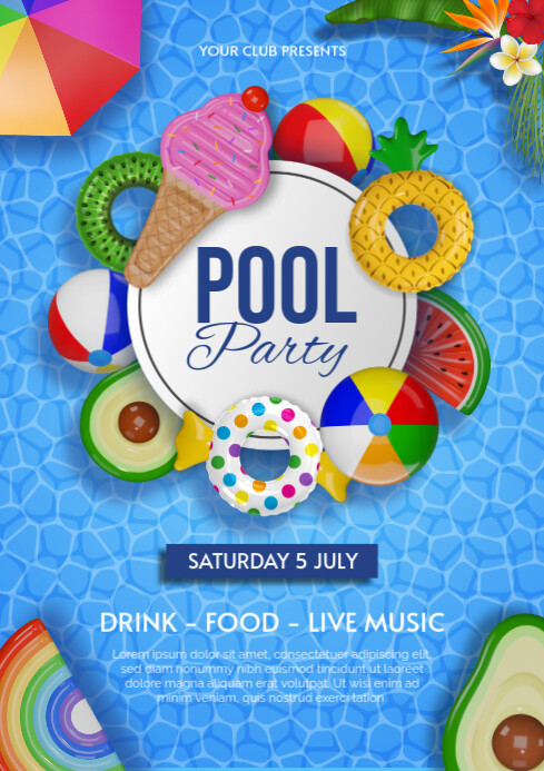 Plantilla de pool party flyer with inflatables and tropical plants on ...