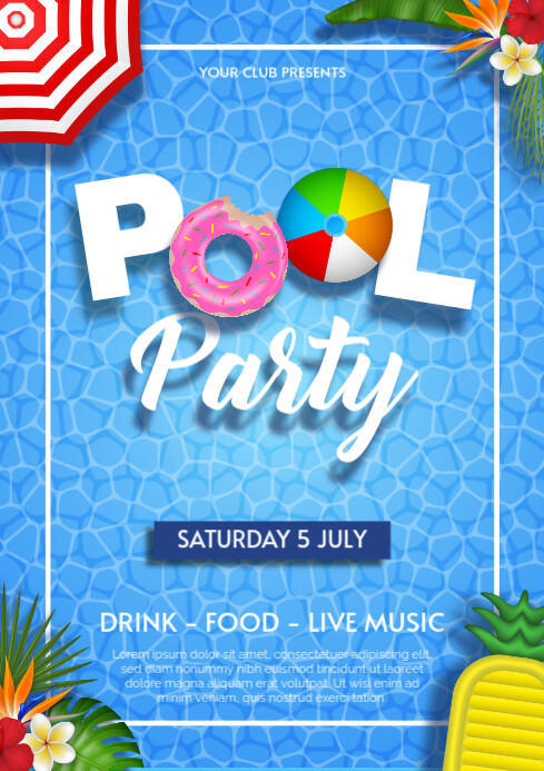 pool party poster with tropical plants and inflatables on pool water ...