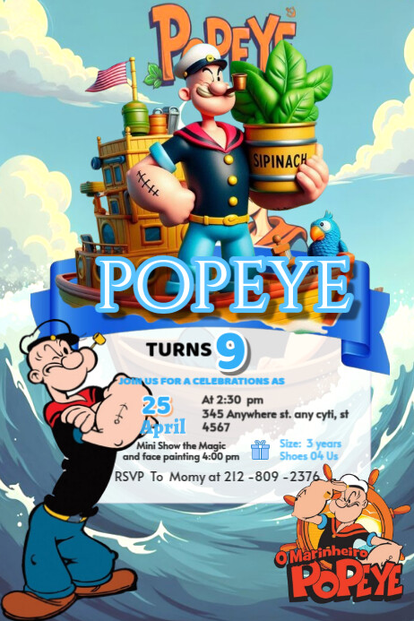 Popeye invitation Brithday party temple flayer editablet celebration ...