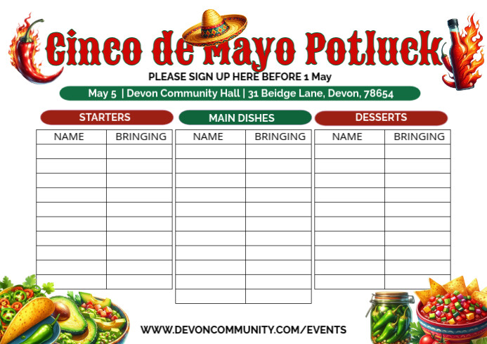 Modèle Potluck Sign Up Sheet - Mexican Potluck Template | PosterMyWall